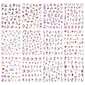 JMEOWIO 12 Sheets Spring Flower Nail Art Stickers Decals Self-Adhesive Pegatinas Uñas Leaves Nail Supplies Nail Art Design Decoration Accessories