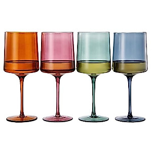 Muted Colored Square Crystal Wine Glasses Set of 4, Gift For Her, Him, Wife, Friend - Large 13.5 oz, Italian Style Tall Drinkware - Red & White, Dinner, Color Beautiful Glassware, Stemmed Glass