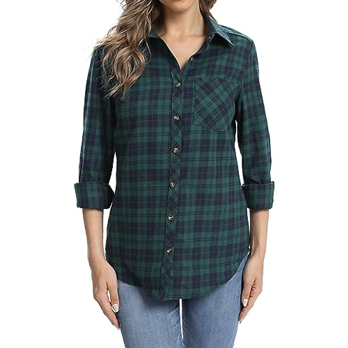Fuinloth Women's Flannel Button Down Shirt, Plaid Long Sleeve Pure Cotton with Pocket 1 Dark Green Large