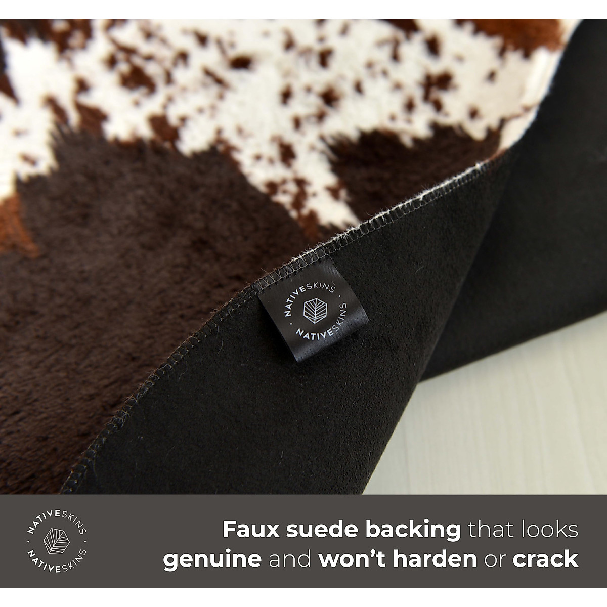NativeSkins Faux Cowhide Rug – Earthy Browns (Oversized) | 6.2ft x 8.2ft | Triple-Layer Support | Ultra-Soft Pile | Hand-Cut, Faux Suede No-Slip Backing | Western Rug | Cow Hide Animal Print Rug