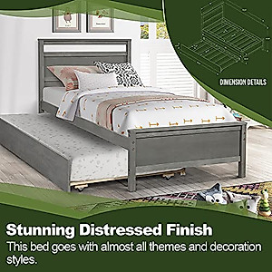 Hanway Trundle Bed Frame/American Country Style daybed and roll Out Twin Size Trundle accommodate/Made by Exquisite Pine Wood Craftsmanship and Weathered Wood Texture Finish