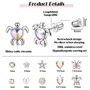 JOERICA 10 Pairs Screw Back Earrings for Women Surgical Steel Hypoallergenic Earrings Stud CZ Heart Flower Pearl Butterfly Turtle Screw on Earrings Pink CZ