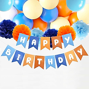 Runhiskii Blue and Orange Birthday Banner, Happy Birthday Banner Blue Orange Party Decorations for Boys, Kids Birthday Decoration Boys’ 1st Birthday Decor