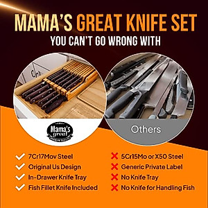 Mama's Great 12 Piece Knife Set with knife holder for kitchen drawer - Fillet Knife, Chef Knife, Bread Knife, Utility Knife, Paring Knife, 6 Steak Knives & Honing Steel