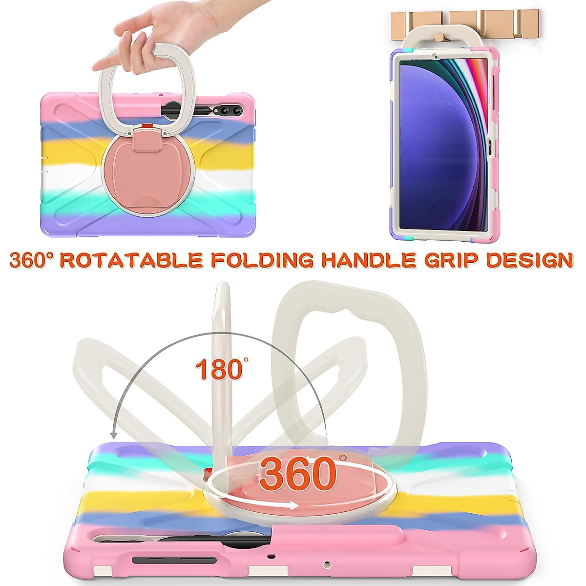 360 Rotation Case for Samsung Galaxy Tab S9+ 12.4'' 2023/S8+ /S7+/S7 FE，with Shoulder Strap S Pen Holder Rotatable Kickstand/Handle Rugged Silicone Case(Colorful Pink)