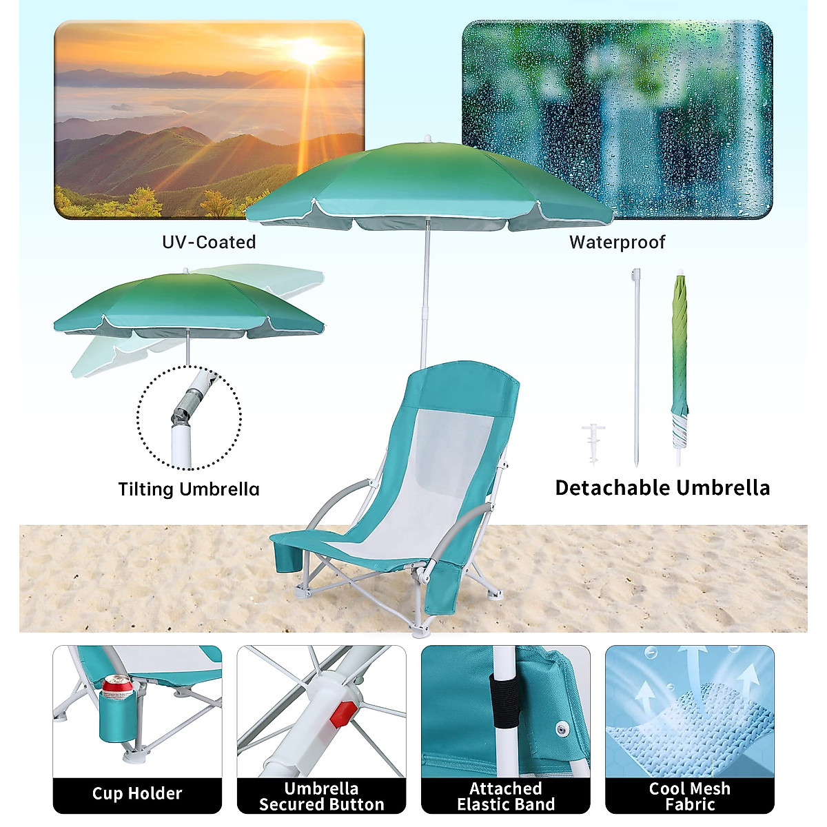 WGOS Beach Chair, Beach Chair with Umbrella, Beach Chair for Adults Camping Chair High Back with Umbrella and Cooler, Portable & Lightweight for Beach, Outdoor, Camping (Set of 1 Blue)