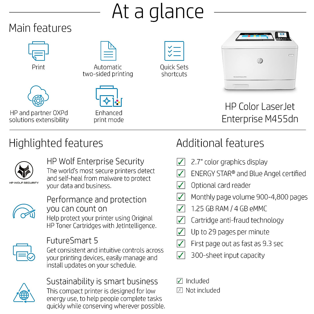 HP Laserjet Enterprise M455dnA Single-Function Wired Color Laser Printer for Home Office, White - Print only - 2.7" Touchscreen, 29 ppm, Automatic Duplex Printing, Ethernet, Cbmou External Webcam