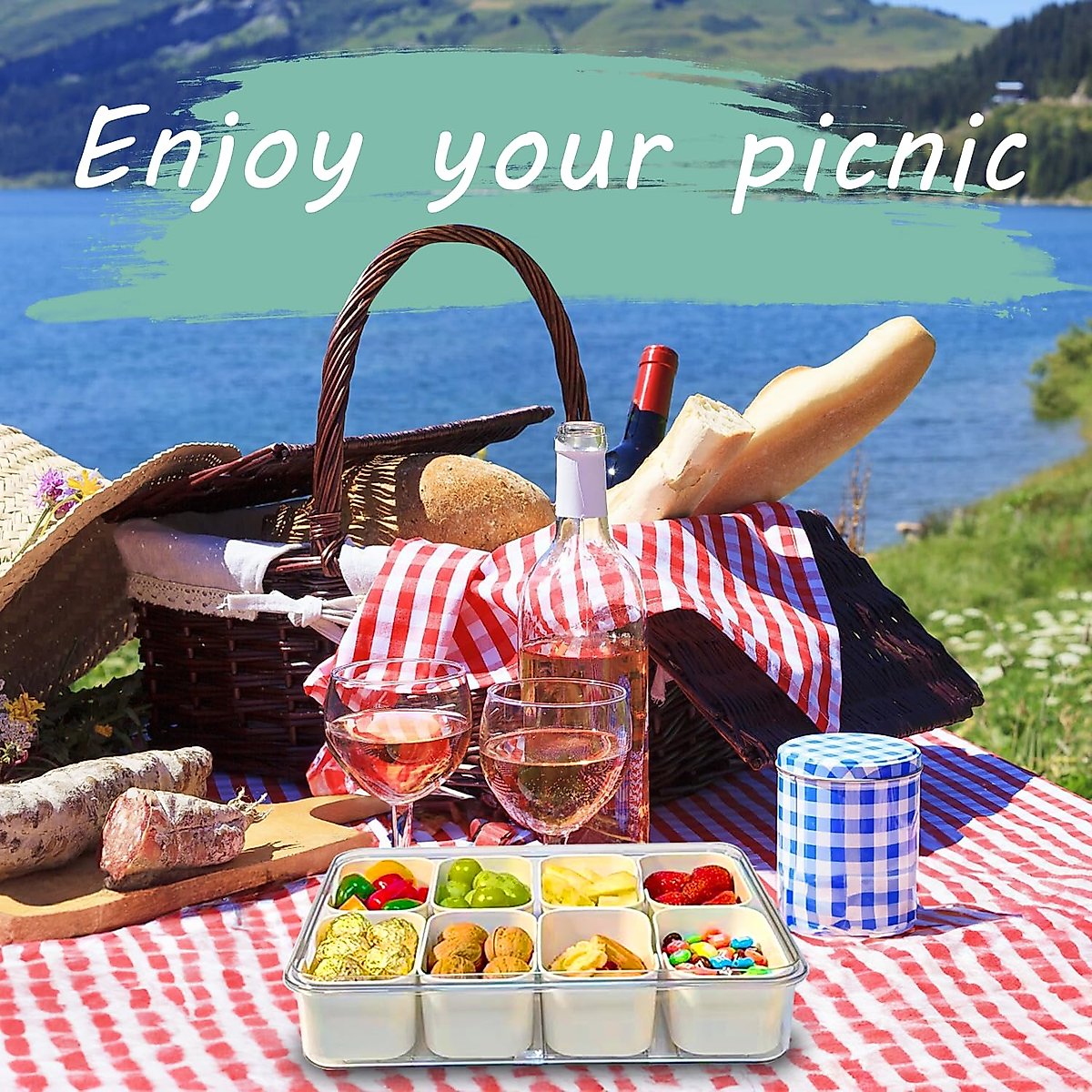 Zonpexe Snackle Box with Handle, Snack Box Container for Candy, Fruits, Nuts, Charcuterie and Veggies, Divided Serving Tray with Lid Perfect for Party and Entertaining, Travel and Beach Essentials
