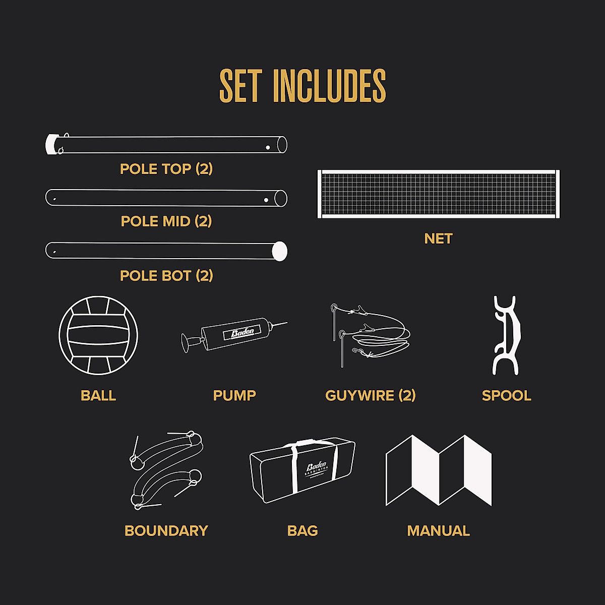 Baden Champions Volleyball Net Set | Volleyball Bag, Adjustable Poles, Volleyball Ball & Pump, & Boundary Lines | Portable Volleyball Net for Backyard or Outdoor Activities for Men, Women & Kids
