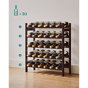SONGMICS 30-Bottle Wine Rack, 5-Tier Freestanding Floor Bamboo Wine Holder, Display Stand Shelves, Wave Bars, Walnut Color UKWR025D01