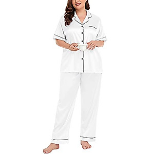 SWOMOG Plus Size Silk Pjs for Women Satin Pajamas Bridal Pajama Set V-Neck Classic Pj Set for Pajama Party 2 Piece Loungewear 24W White