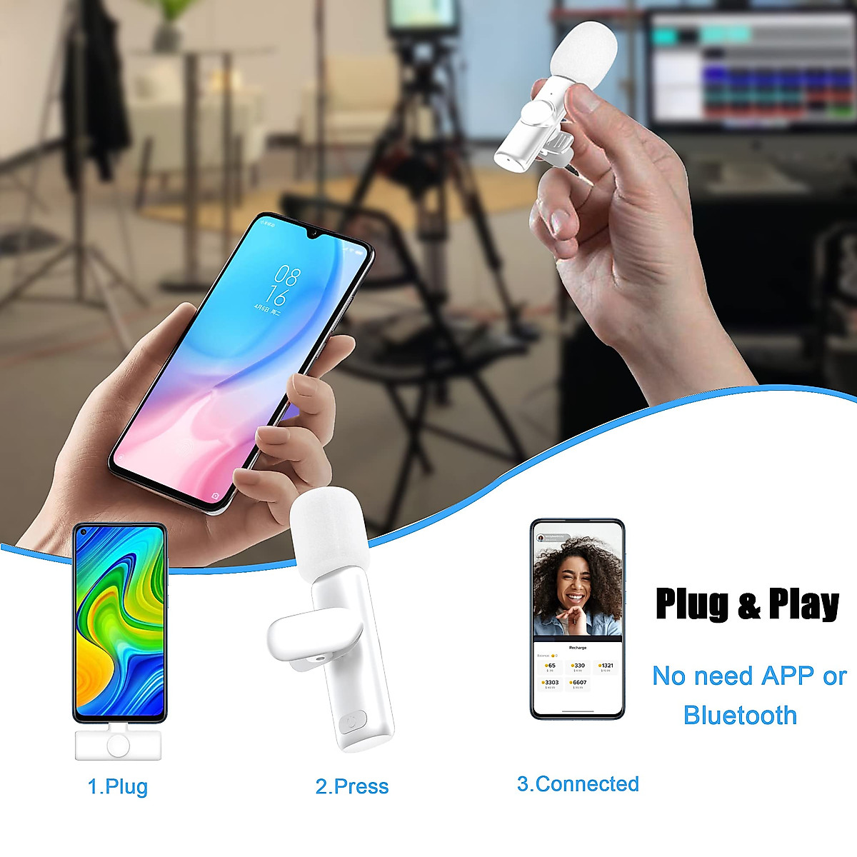 Oakaylif Wireless Microphones, Lavalier Microphone for Smartphone Plug-Play Recording Microphones Automatic Noise Reduction for Smartphone, Laptop, Vlog, Tiktok, Facebook, YouTube - White