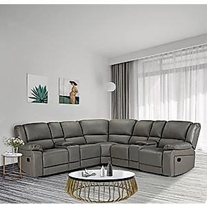 EMKK Home Power Modern Upholstered L-Shape Sectional Sofa Reclining,PU Leather Extra Wide Lounge Couch with Consoles,2 Cup Holders and Storage,Fabric Sofá for Living Room Apartment, a-Brown