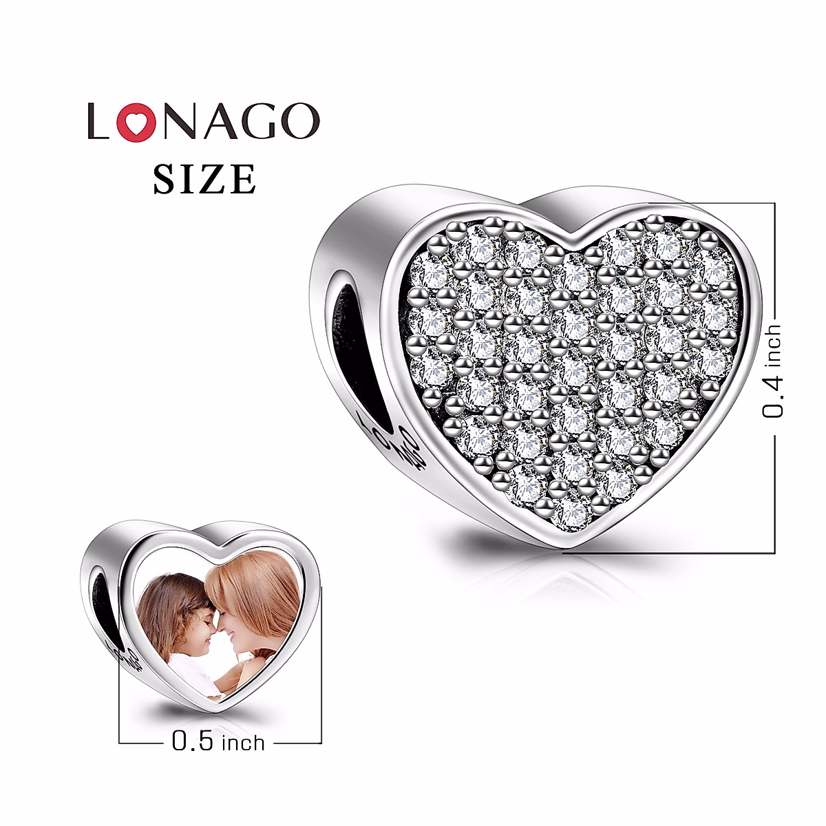 LONAGO Customized and Personalized Photo Charms Sterling Silver Heart Shaped Charm Beads (Shine Heart)