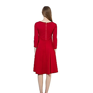 DANTIYA Women's 3/4 Sleeve Work Office Business V-Neck A-Line Knee Long Sheath Midi Dress Red