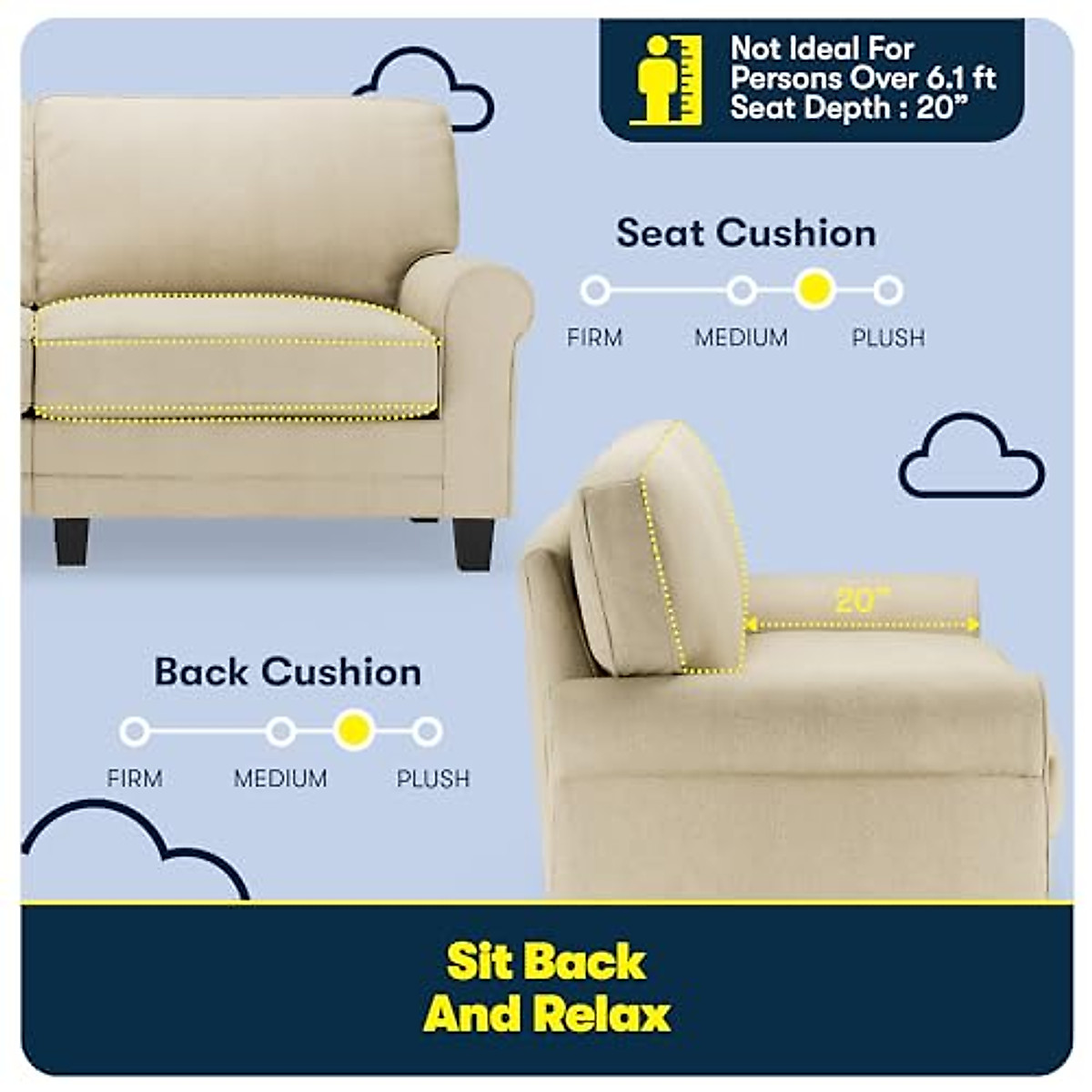 Serta Copenhagen Rolled Arm, Easy Care Polyester, Soft Pillow Back, Pocket Coil Seat Cushions, Removable Covers, Loveseat or Couch for Small Spaces, Living Rooms or Bedrooms, 73" Sofa, Tan