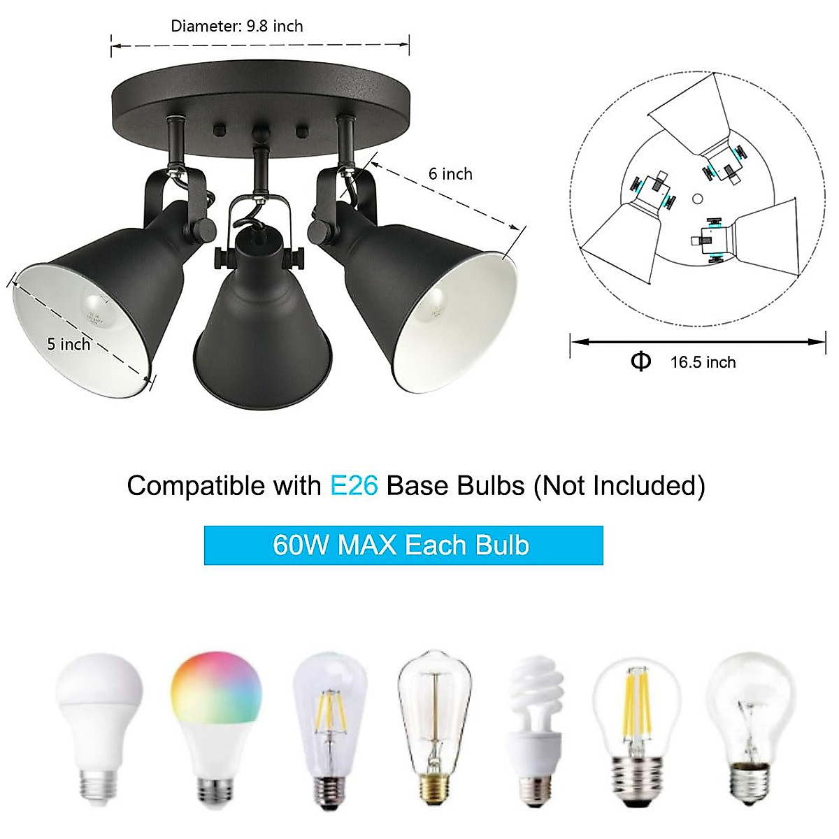 DIRYZON EUL Multi-Directional Ceiling Spot Light,Adjustable Round Track Lighting,Industrial Semi Flush Mount Ceiling Light Fixtures for Bedroom Hallway Matte Black-3 Light