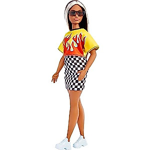Barbie Fashionistas Doll, Curvy, Long Highlighted Hair & Flame Crop Top, Checkered Skirt, Sneakers & Sunglasses, Toy for Kids 3 to 8 Years Old