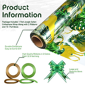 Geyee Safari Cellophane Wrap Roll with Pull Bows and Ribbons 98 Feet x 32 Inches Cellophane Wrap Jungle Animal Gift Wrapping Paper for Jungle Safari Baby Shower Birthday Summer Party Supplies