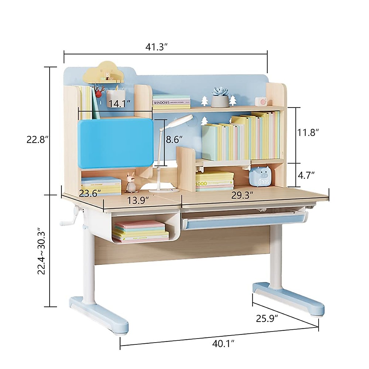 FCD Wood Adjustable Height Ergonomic Kids Study Desk Drafting Table Computer Station Built-in Bookshelf Hutch Multi Function Desktop 43.3" Width (Blue)