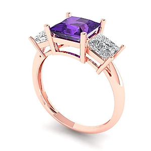 Clara Pucci 3.0 ct Princess Cut 3 Stone Solitaire Natural Amethyst gemstone Designer Anniversary Bridal Engagement Ring 14k Rose Gold
