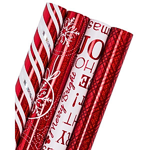 WRAPAHOLIC Christmas Wrapping Paper Roll - Red and White Christmas Design with Metallic Foil Shine - 4 Rolls - 30 inch X 120 inch Per Roll