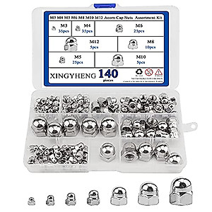 XINGYHENG 140Pcs 7Kinds 304 Stainless Steel M3 M4 M5 M6 M8 M10 M12 Acorn Cap Nut Decorative Hex Cap Dome Nuts Assortment Kit