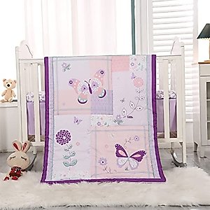 Wowelife Baby Girl Nursery Bedding Set Butterfly, Premium Purple Crib Bedding Set, Baby Girl Crib Bed Set Breathable and Soft for Girl
