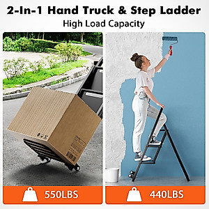 Toolsempire 2 in 1 Hand Truck, Folding Hand Truck Dolly with 2 Wheels & 3 Step Ladder, Heavy Duty Dolly Cart Step Stool for Warehouse, Garage, Home