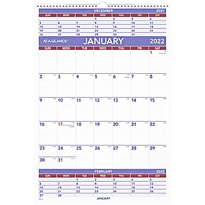 2022 Wall Calendar by AT-A-GLANCE, 15-1/2" x 22-3/4", Large, 3-Month, Wirebound (PM628)