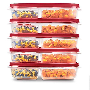 Rubbermaid EasyFindLids Meal Prep Containers, 3 Compartments, 5.1 Cup, 5 Pack