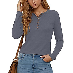 WNEEDU Women's Waffle Knit Tops Casual Long Sleeve Blouses Slim Fit Button Down V Neck Henley Shirt(Dark Gray,L)