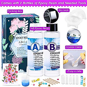 Thrilez 219Pcs Resin Kit for Beginners, Resin Mold Kit with Resin Molds Silicone and Epoxy Resin Supplies Include Dried Flowers, Foil Flakes, Necklace Cord, Earring Hooks for DIY Jewelry Making