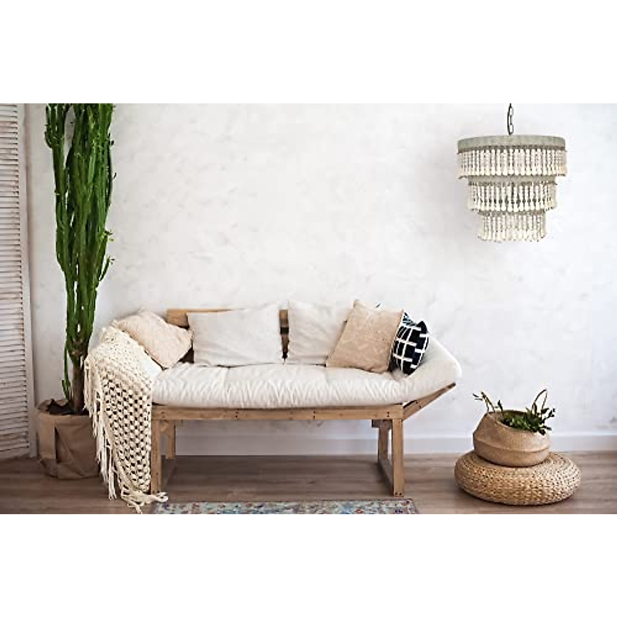 Creative Co-Op Metal & Wood Beaded Chandelier, 20.5" Round by 20" Height, Off- White