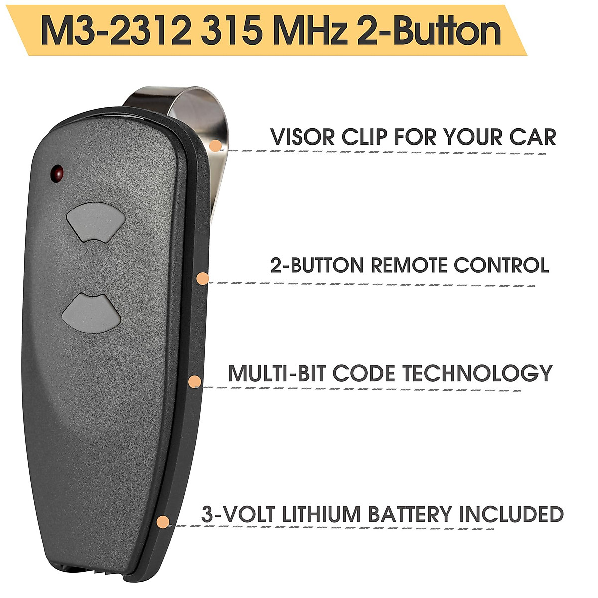 M3-2312 315 MHz 2-Button Garage Door Opener Remote Compatible with Marantec M4500e, M4700e, Martin DC3700, DC2500 with Sun Visor Clip, Gray, 2 Pack