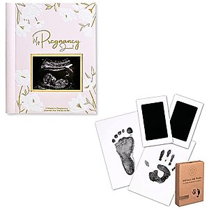 Pregnancy Journal And Baby Footprint & Handprint Inkless Ink Pad Bundle - 80 Pages Hard Cover Pregnancy Book For Mom To Be Gift - 2-Pack Clean Touch Hand and Foot Print Keepsake Ink Pads