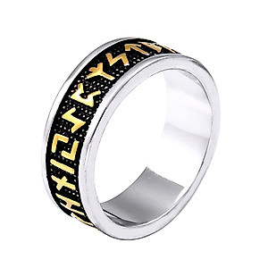 Viking Rune Ring with Elder Futhark Runes Norse Ring Scandinavian Jewelry (steel color and gold, 10)