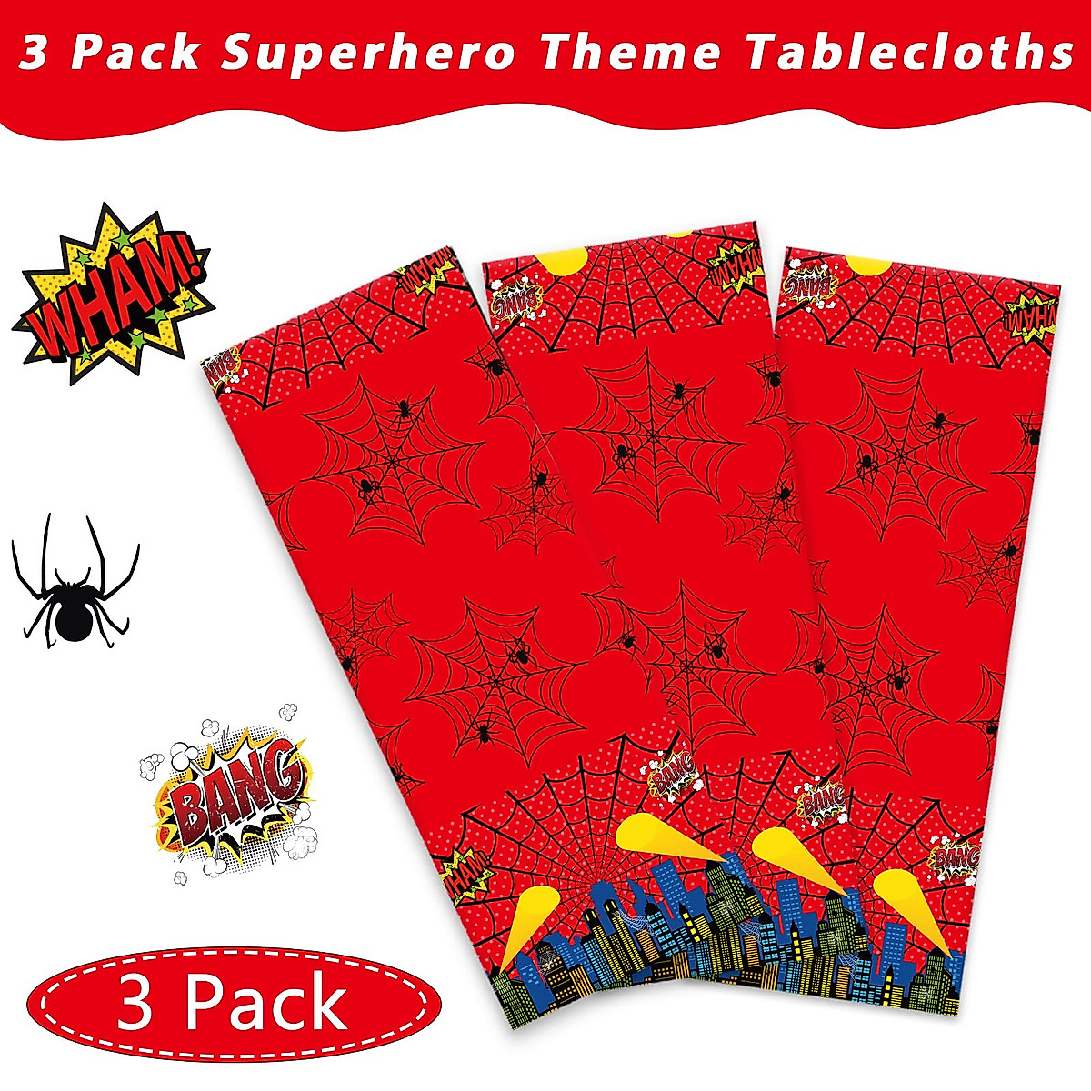 Wiooffen 3 Pcs Spider Themed Tablecloths Super Movie Hero Spider Tablecover for Birthday Party Supplies Table Cover Table Decorations for Kids Boys Baby Shower Party Favors Decorations