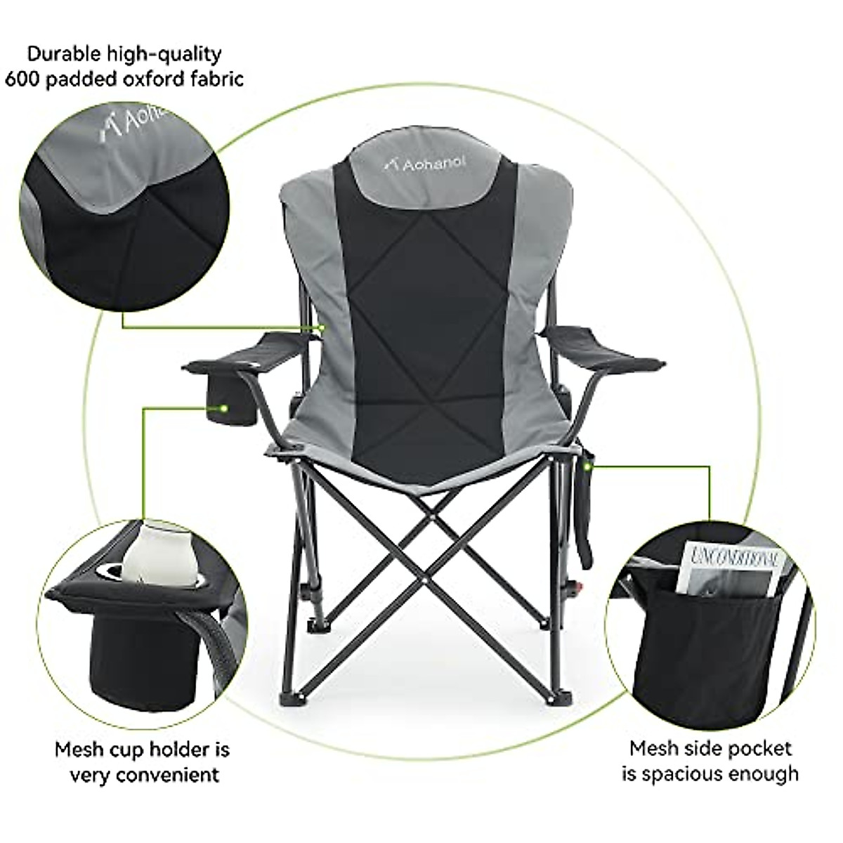Aohanoi Camping Chairs, Camping Chairs 2 Pack Camp Chairs for Heavy People with Adjustable Angled Backrest, Outdoor Folding Camping Chairs, Folding Chairs for Outside, 350lbs (2 Pcs, Black)