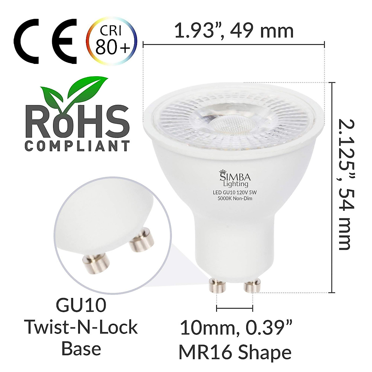 Simba Lighting LED GU10 5W Non-Dimmable Spot Light Bulb (6 Pack) Halogen 50W Replacement MR16 Shape for Accent, Recessed, Track Lighting, 38° Beam, 120V, Twist-N-Lock Bipin Base, 5000K Daylight