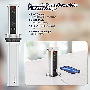 XBA Automatic Pop up Power Strip with Wireless Charger 3 AC Ouletes and 4.2A 2 USB Ports for Hotel Office Conference Table Countertop ( Black)