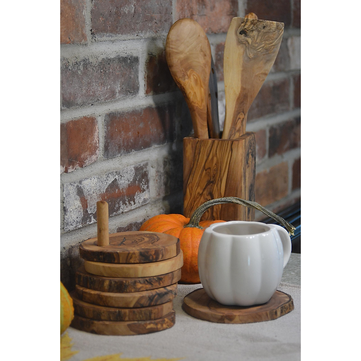 The Live Edge - Olive Wood kitchen utensil holder for countertop | large cooking wooden utensil holder for kitchen counter | Rustic wooden Spoon organizer and Spatula Holder | Cooking tools Holder