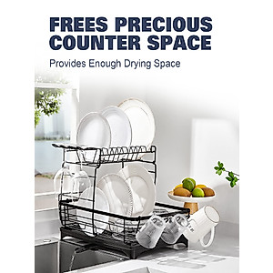 BRONYPRO Dish Drying Rack, 2 Tier Dish Drying Rack for Kitchen Counter, Extra Large Dish Strainer with Drainboard, Dish Organizer with Drying Board, Utensil Holder, Cup Rack, Black