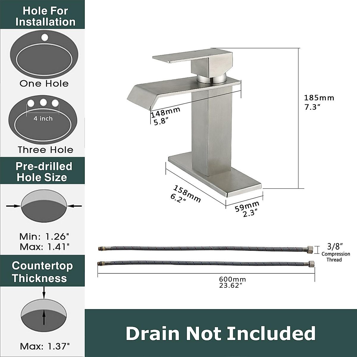 Poumao Waterfall Bathroom Faucet Bathroom Sink Faucet Brushed Nickel Single Handle Vanity Lavatory Faucets with Deck Plate for 1 or 3 Holes