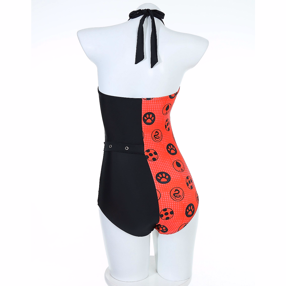 Miraculous Women's Ladybug and Lady Noir Beach Halter One Piece Swimsuit Bathing Suit (as1, Alpha, x_l, Regular, Regular, Black and Red)