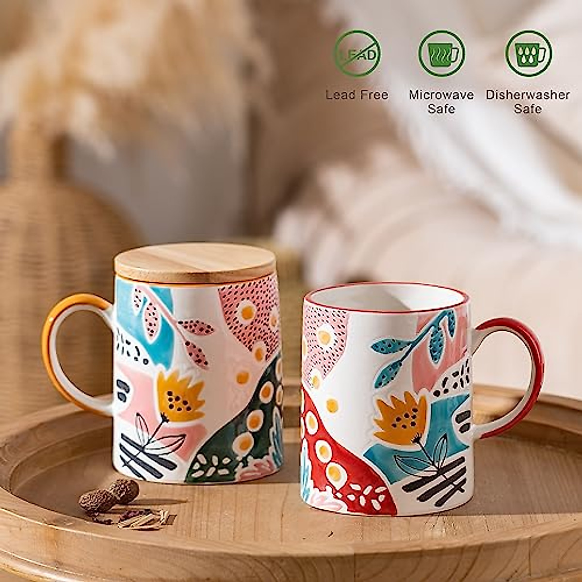 Taimei Teatime Ceramic Coffee Mug with Lid, Mug Set of 2, 17.6oz Coffee Mug with Handle, Large Mug for Coffee Latte, Tea, Handpainted Floral Mugs for Women, Dishwasher Safe and Microwaveable