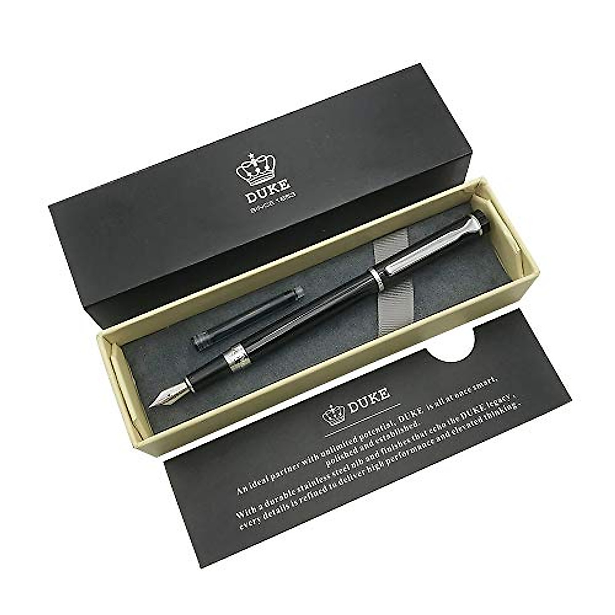 Duke Black Fountain Pen Set Fine Nib with Ink Cartridge Converter and Case