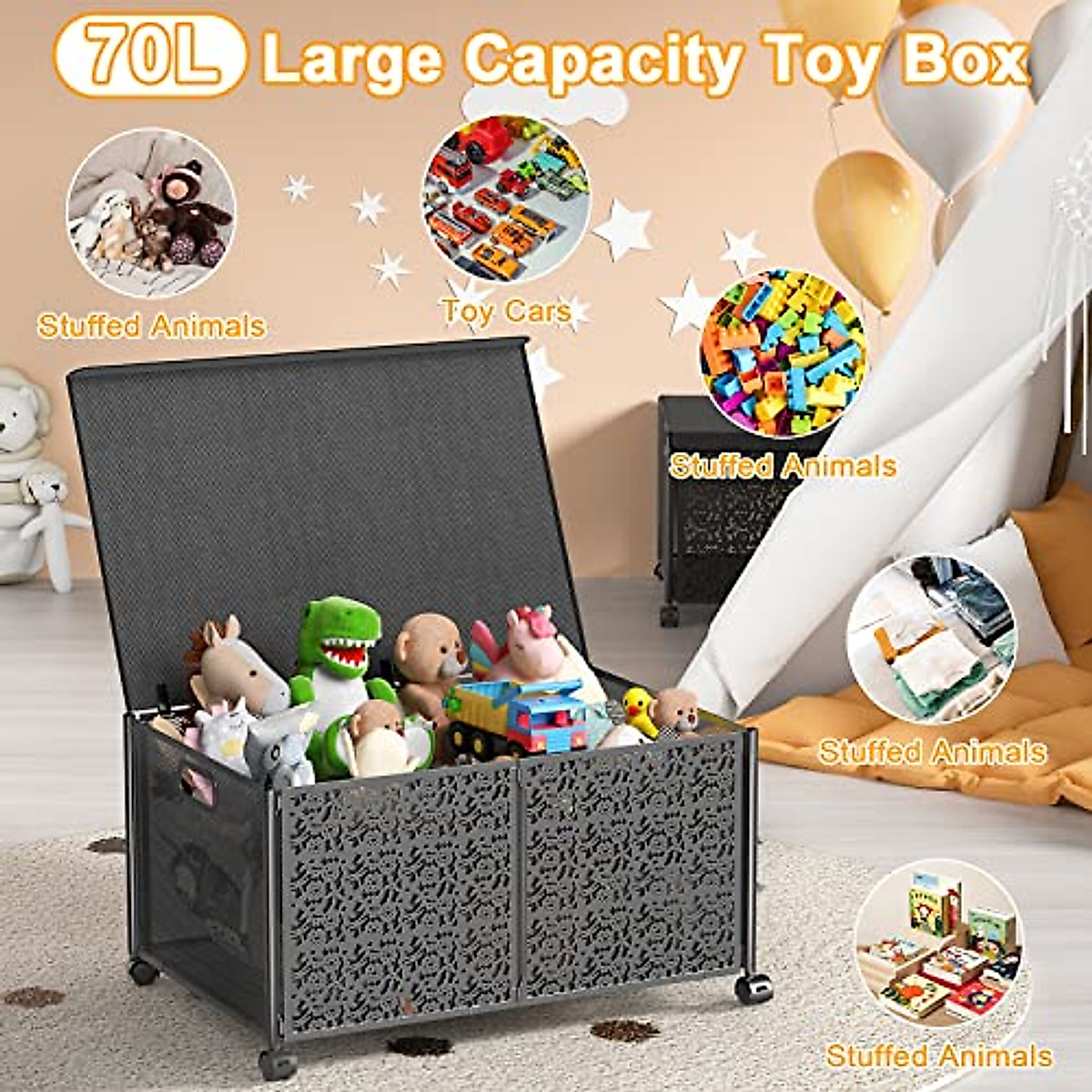 SHIISEWE Toy Storage Box, Metal Toy Organizers and Storage Bins, Large Toy Box for Boys Girls, 70L Toys Storage Chest with Wheels, Collapsible Kids Toy Storage Organizer for Nursery, Playroom