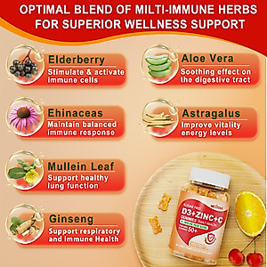 Sugar Free Vitamin C + D3 + Zinc Gummies for Adults 50 +, 9 in 1 Immune Defense Supplement with D3 5000IU, Elderberry, Echinacea, Mullein Leaf for Boost Immunity, Power Antioxidant, Vegan (Pack of 2)