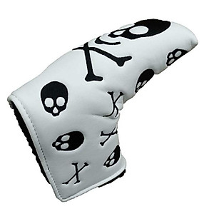 DNYAN Golf PU Leather Blade Putter Cover Skull Bones Headcover with Veclro Fastening for putters All Brands Taylormade Scotty Cameron Titleist Callaway Ping,White